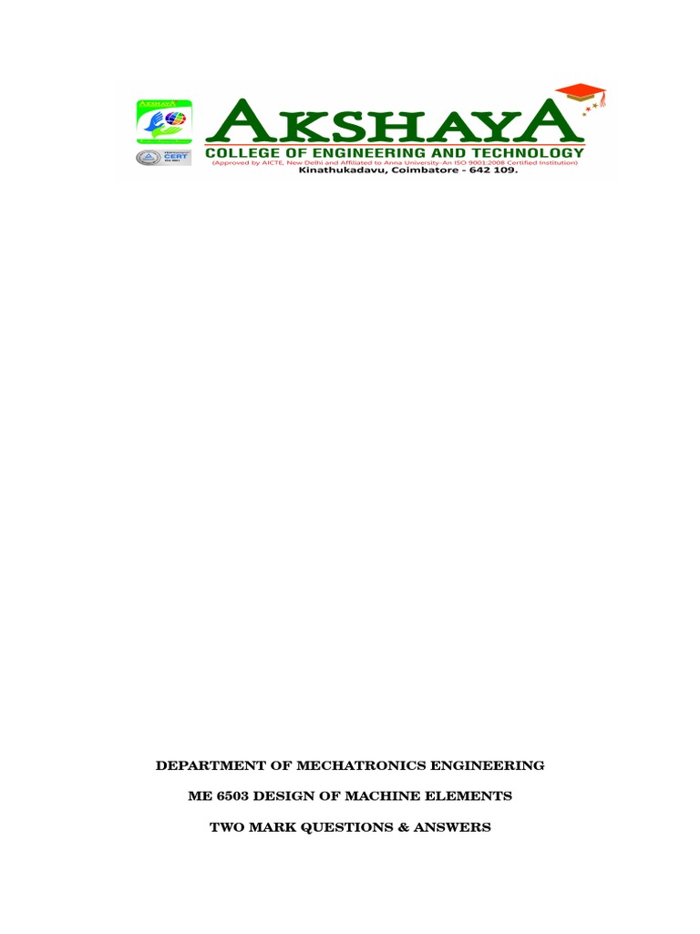 DME TWO MARKS With Answers | Download Free PDF | Strength Of Materials | Fatigue (Material)