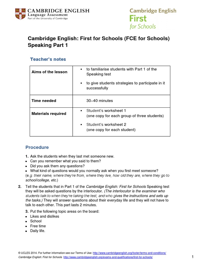 Cambridge English First For Schools Fce For Schools From 2015 Speaking ...