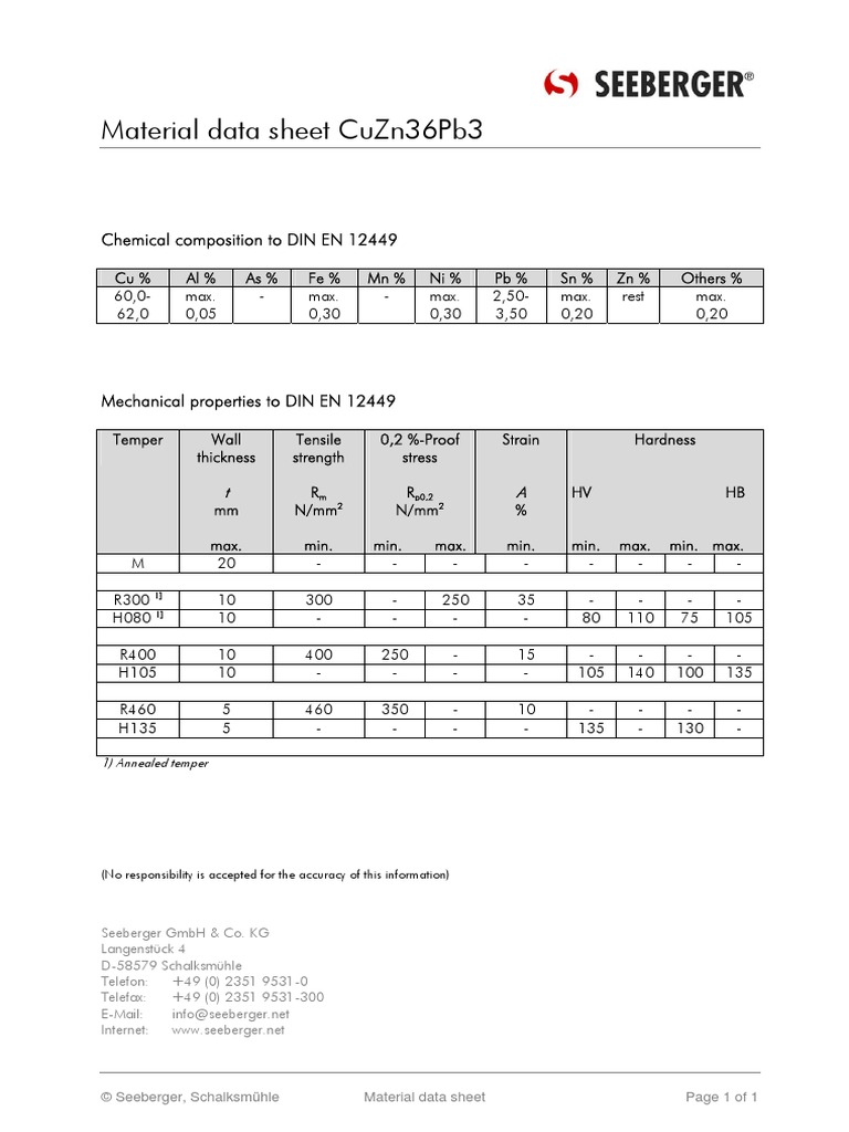 CuZn36Pb3 Material Data Sheet | PDF