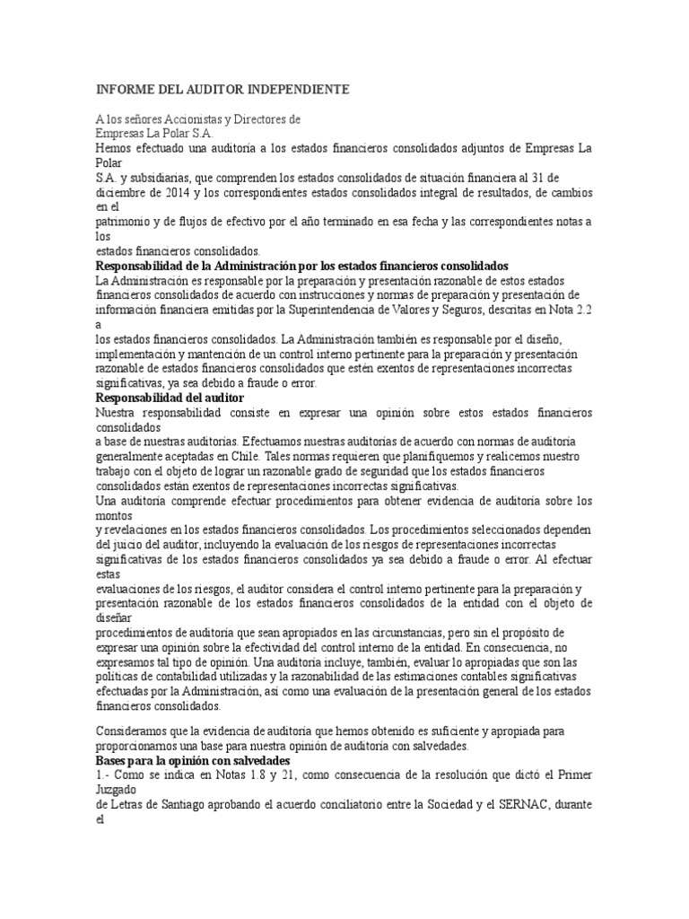 Informe Del Auditor Independiente | PDF | Auditoría financiera | Contralor