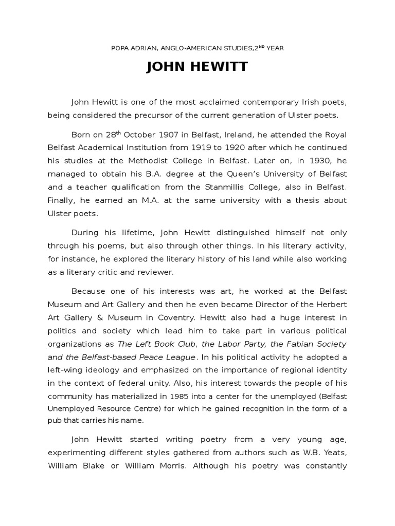 John Hewitt: Popa Adrian, Anglo-American Studies, 2 Year | PDF | Poetry
