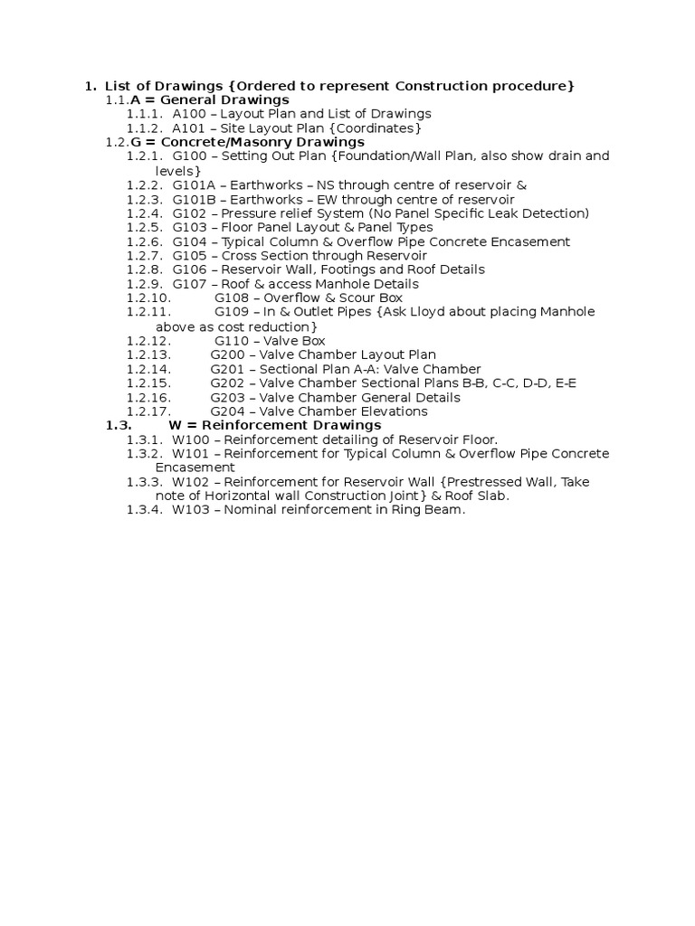 Reservoir Construction Drawings List | PDF