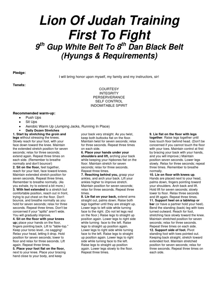 Lion of Judah Training - Belt Test Requirements (9th Gup To 8th Dan ...