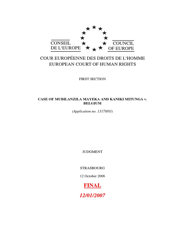 Case of Mubilanzila Mayeka and Kaniki Mitunga v. Belgium | PDF ...