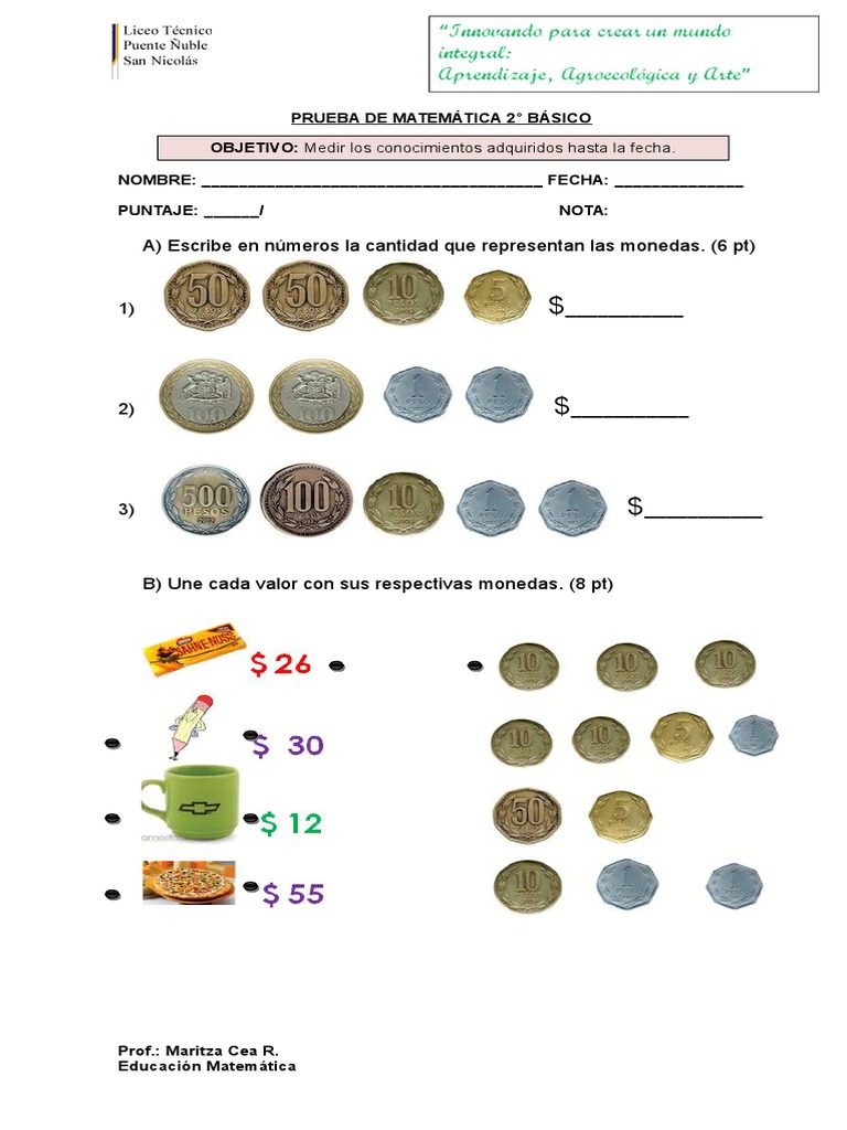 Prueba de Matemáticas 2° Básico: Monedas | PDF | Métodos y materiales ...