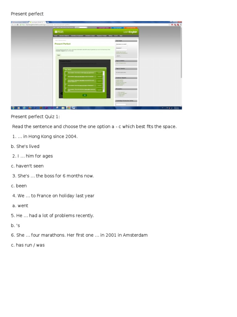Present Perfect Quiz | PDF