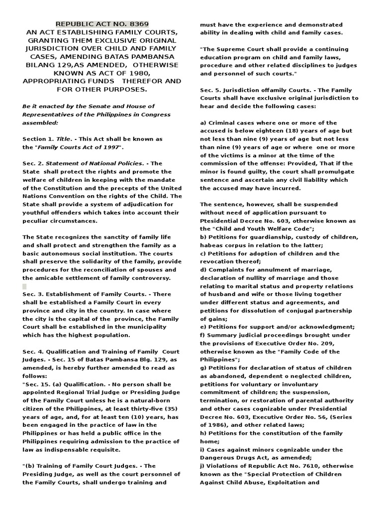 Republic Act 8369 Family Court | PDF | Domestic Violence | Jurisdiction