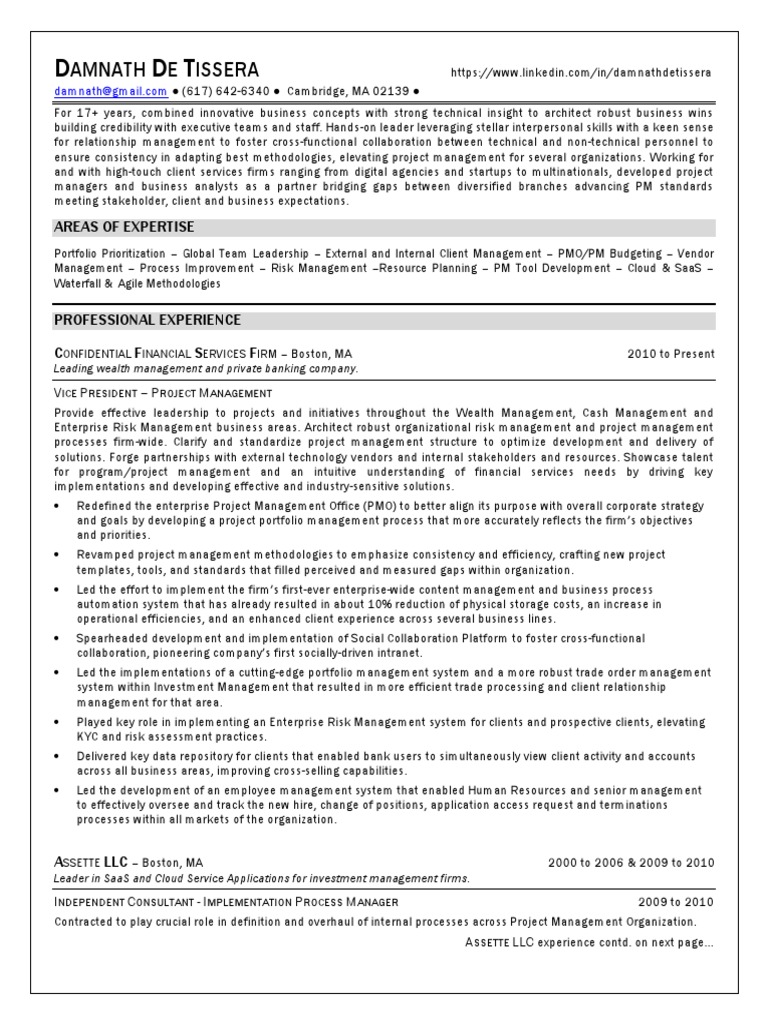 VP Project Management Director PMO in Boston MA Resume Damnath de ...