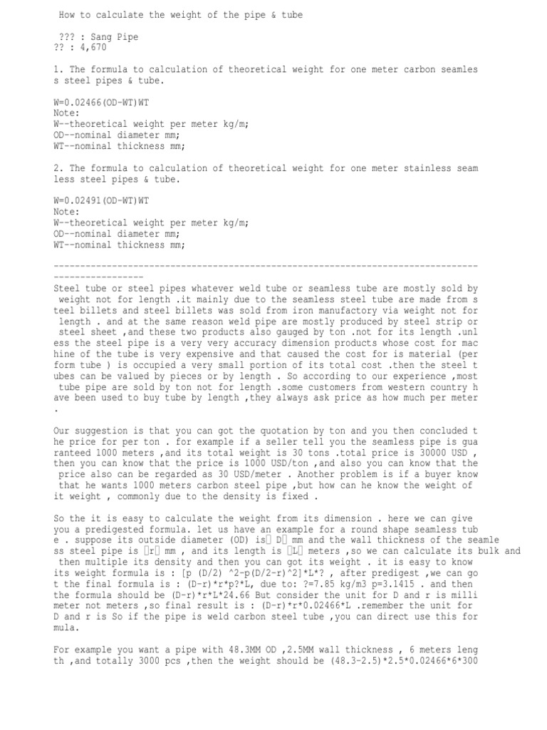 Pipe Weight Calculation Guide | PDF | Pipe (Fluid Conveyance ...