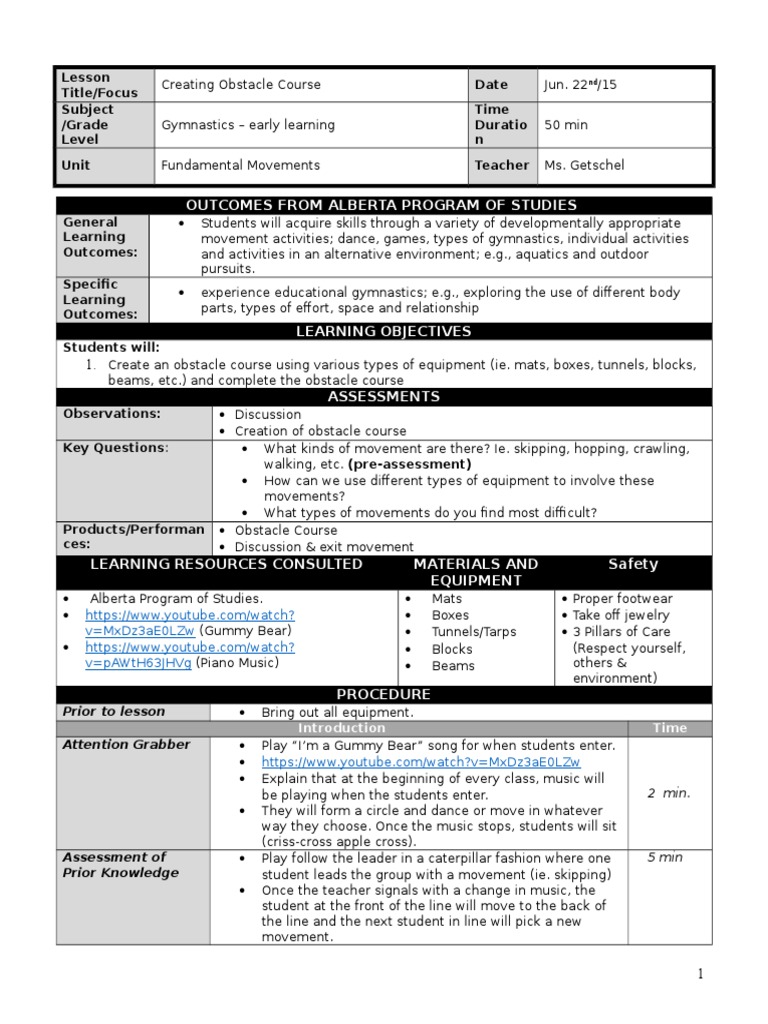 Gymnastics Lesson Plan 1 - Creating Obstacle Course | PDF | Educational ...