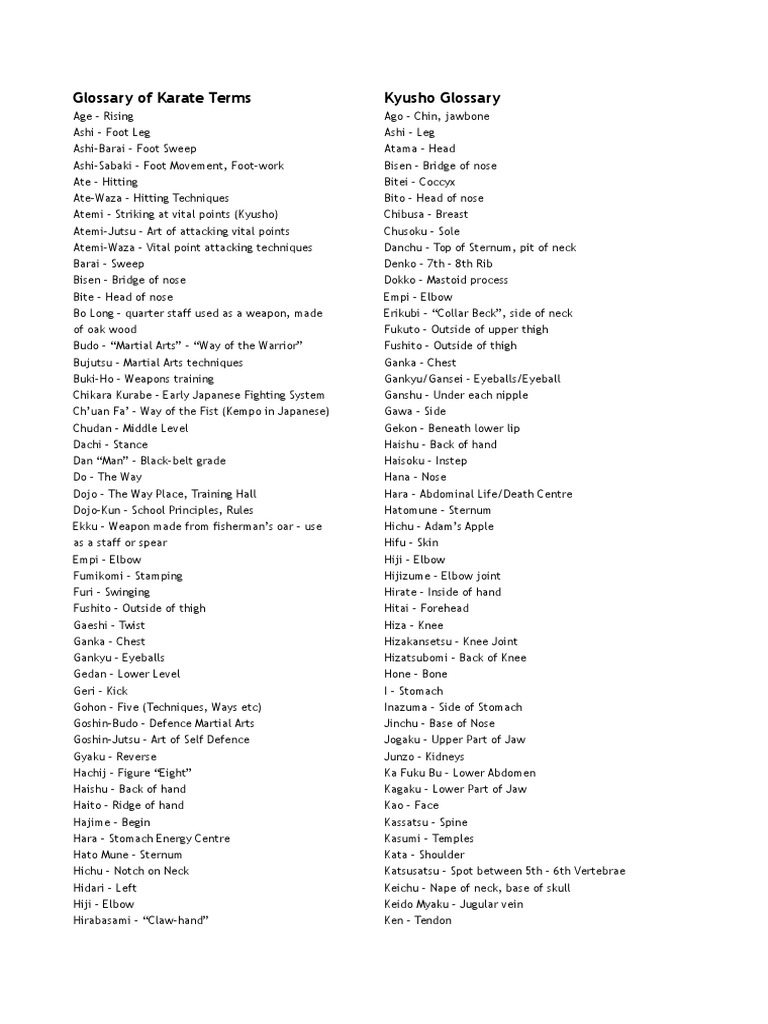 Glossary of Karate Terms & Kyusho | PDF | Human Anatomy | Combat Sports