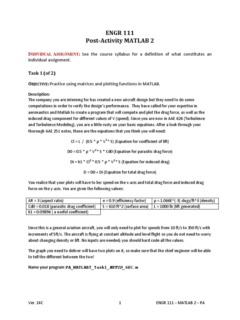 ENGR 111 Post-Activity MATLAB 2 | PDF | Drag (Physics) | Melting Point
