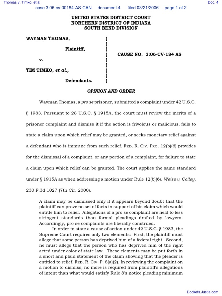 Thomas v. Timko, Et Al - Document No. 4 | PDF | Pleading | Complaint