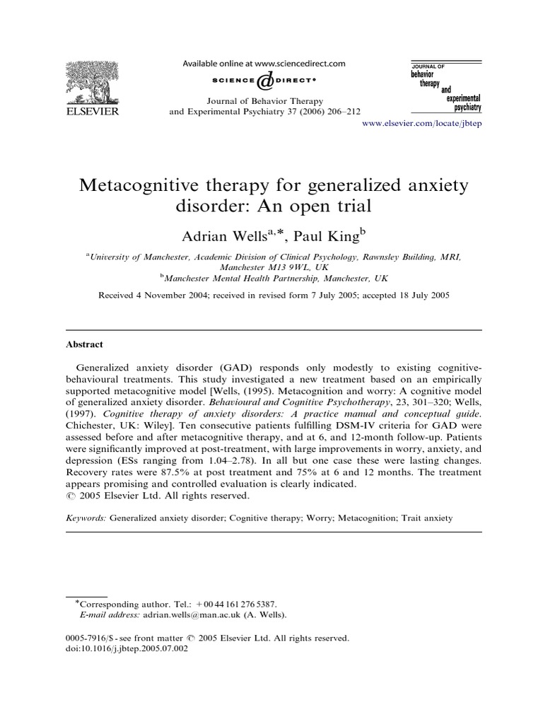 Metacognitive Therapy For Generalized Anxiety | PDF | Generalized Anxiety Disorder | Cognitive ...