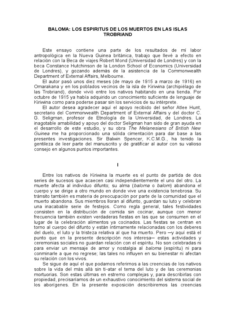 Baloma. Los Espíritus de Los Muertos en Las Islas Trobriand | PDF ...