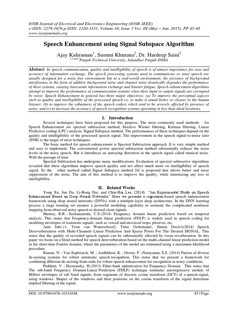 Speech Enhancement Using Signal Subspace Algorithm | PDF | Data Compression | Eigenvalues And ...