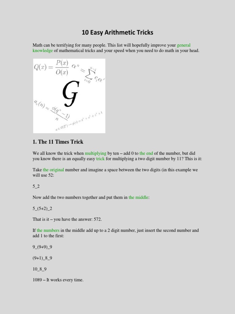10 Easy Arithmetic Tricks | PDF | Multiplication | Percentage
