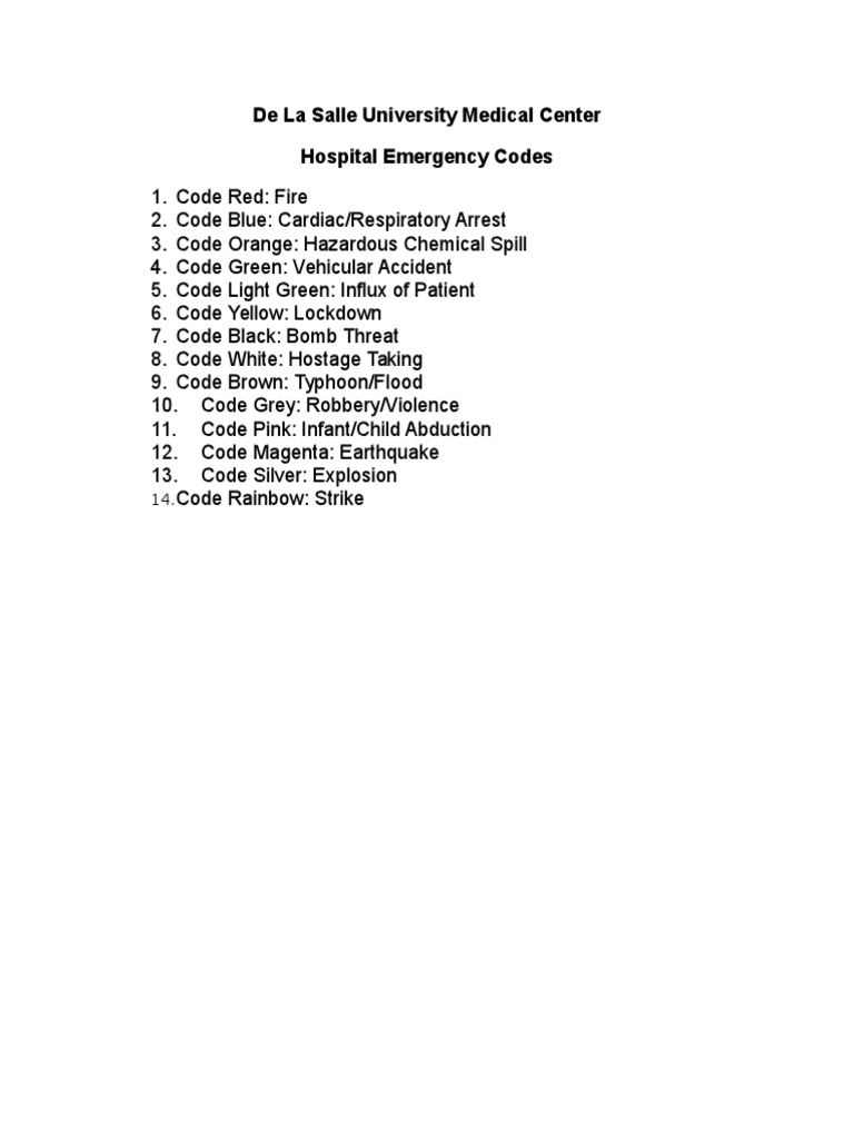 De La Salle University Medical Center Hospital Emergency Codes | PDF ...