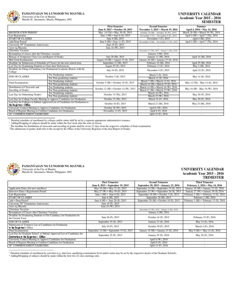 PLM University Calendar SY 2015-2016 | PDF | Academic Term ...