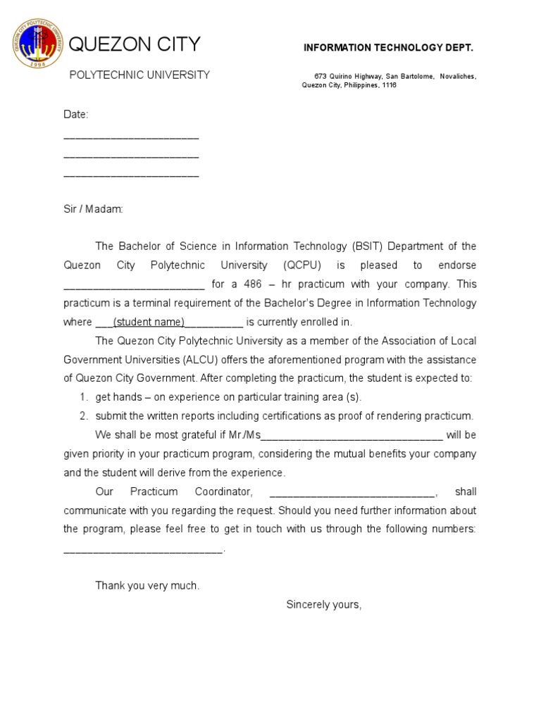 QCPU BSIT Practicum Endorsement Letter | PDF
