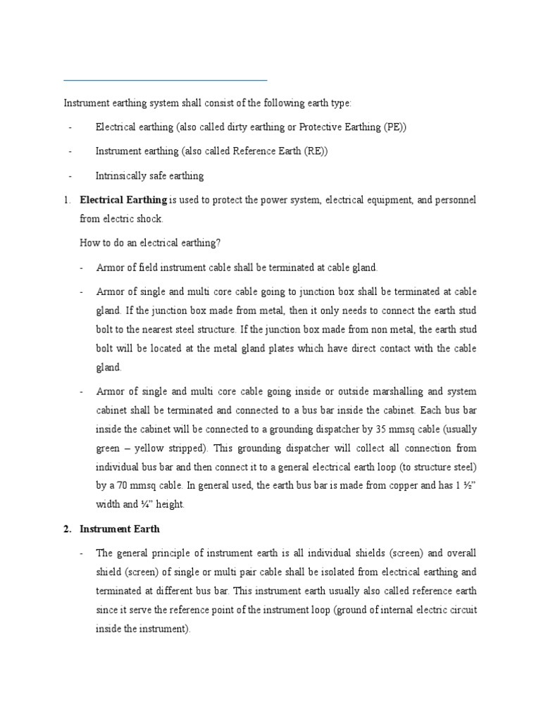 Instrumentation Earthing System Overview | PDF | Cable | Equipment