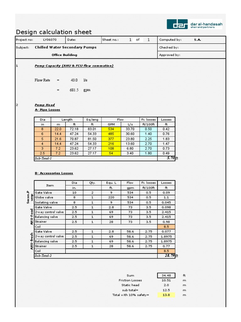 Design Calculation Sheet: Chilled Water Secondary Pumps | PDF