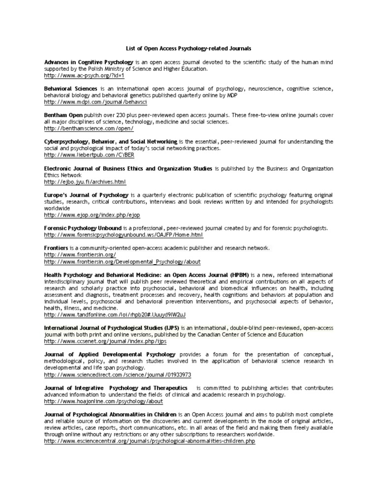 A Comprehensive List of Open Access Psychology Journals Covering Key ...