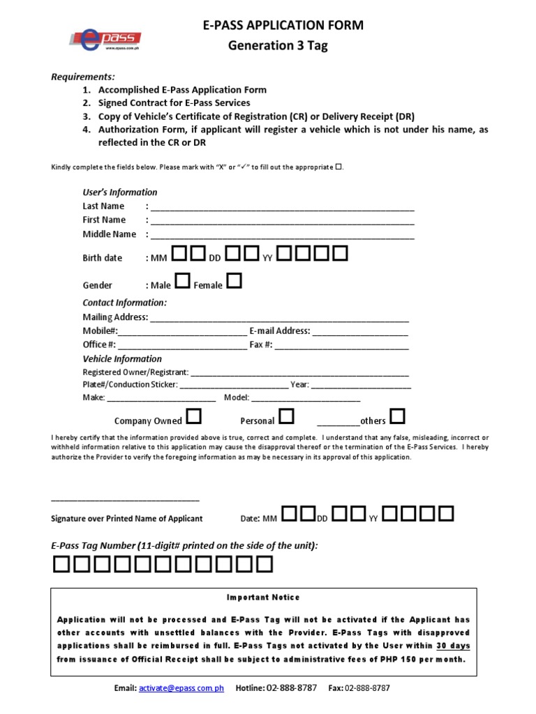 Application Form For Epass Services | Download Free PDF | Toll Road ...