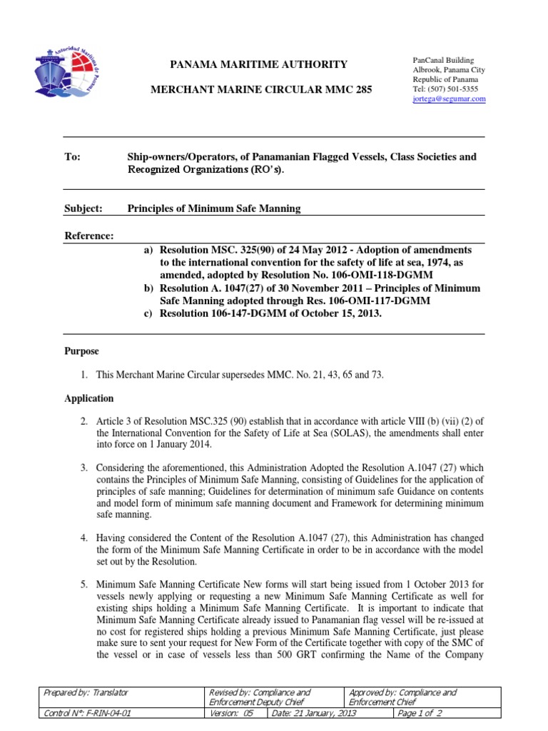 Principles of Minimum Safe Manning | United States Merchant Marine ...