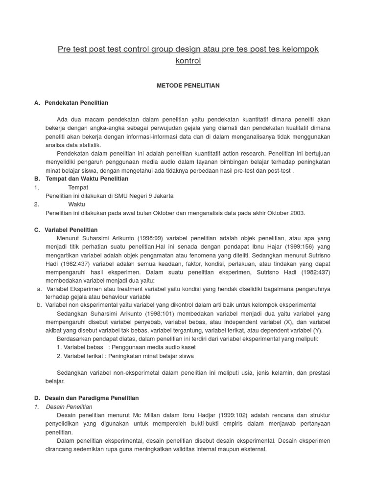 Desain Penelitian Pretest-Posttest Kontrol | PDF