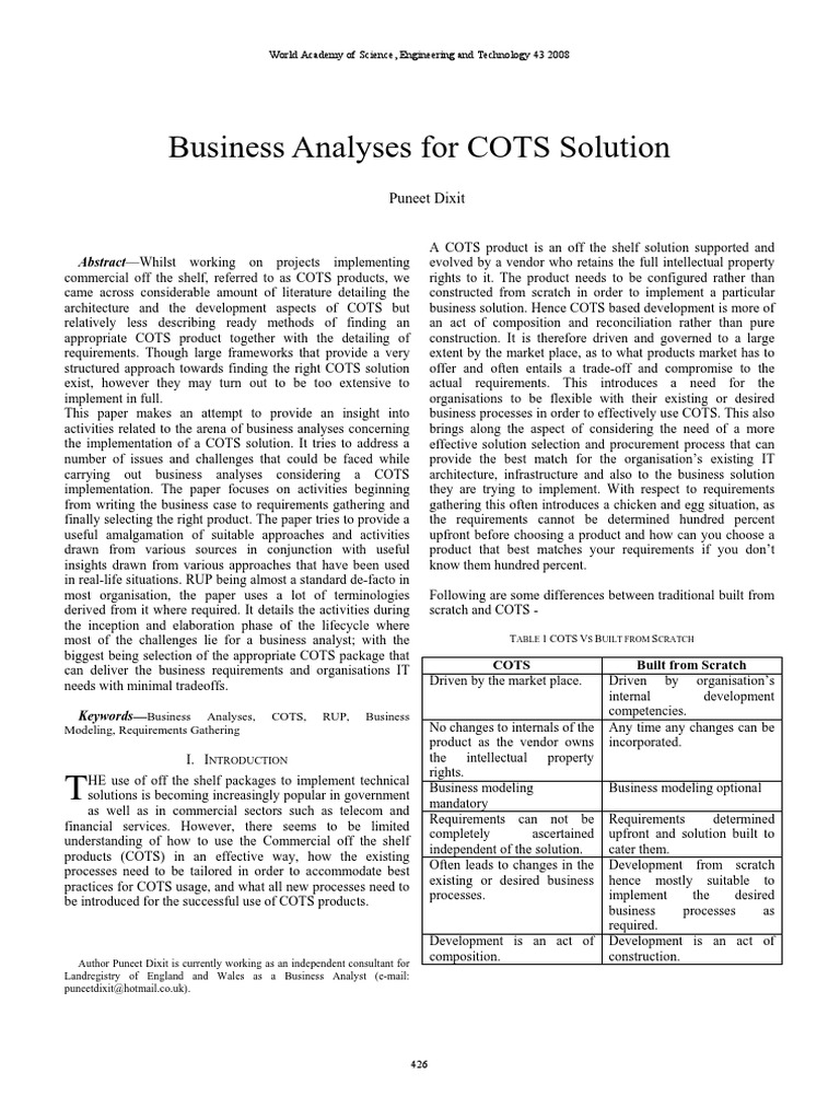 Business Analysis For Cots Solution | PDF | Use Case | Business Analysis