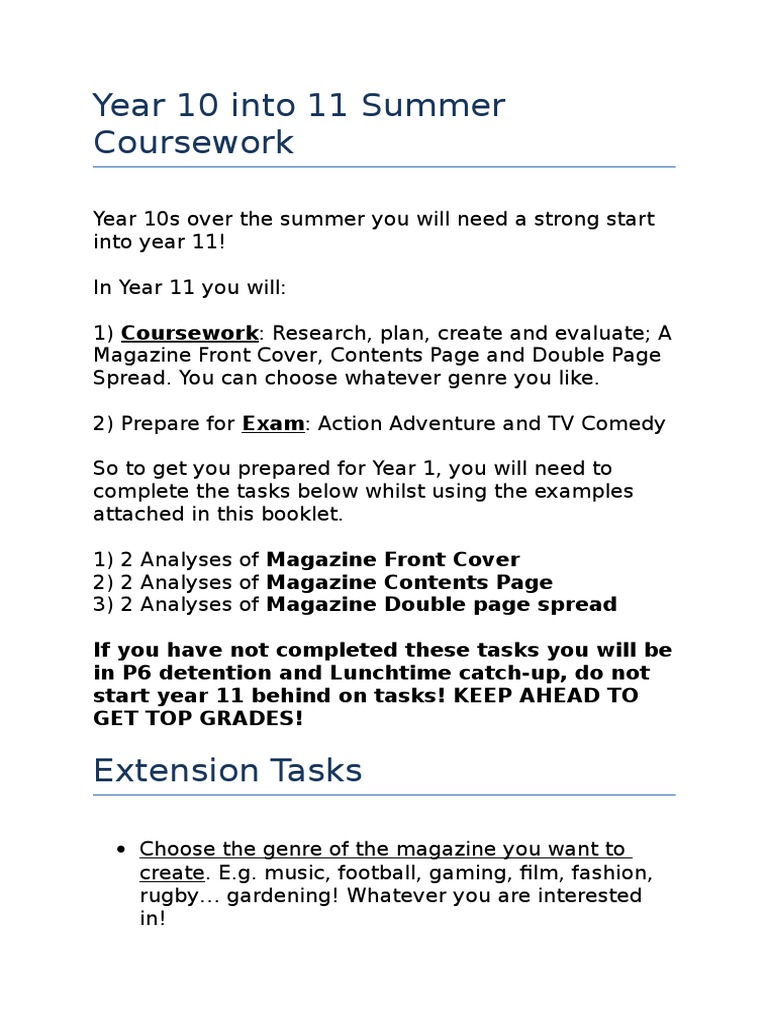 Year 10 Into 11 Summer Coursework | PDF | Games & Activities | Home ...