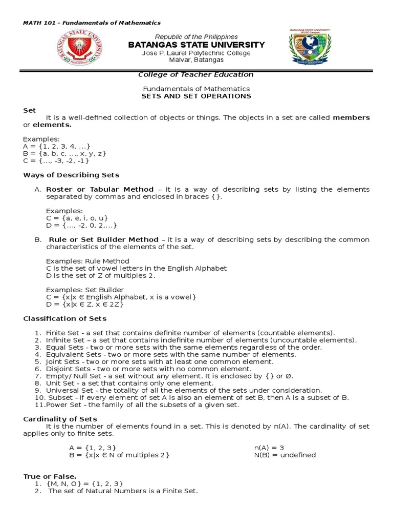 Sets and Set Operations | PDF | Set (Mathematics) | Integer