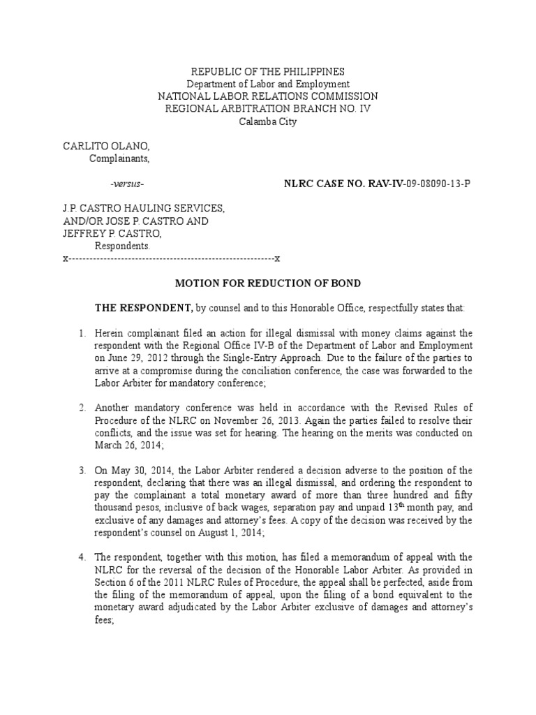 Motion to Reduce Bond | Arbitration | Surety Bond Motion to Reduce Bond | Arbitration | Surety Bond