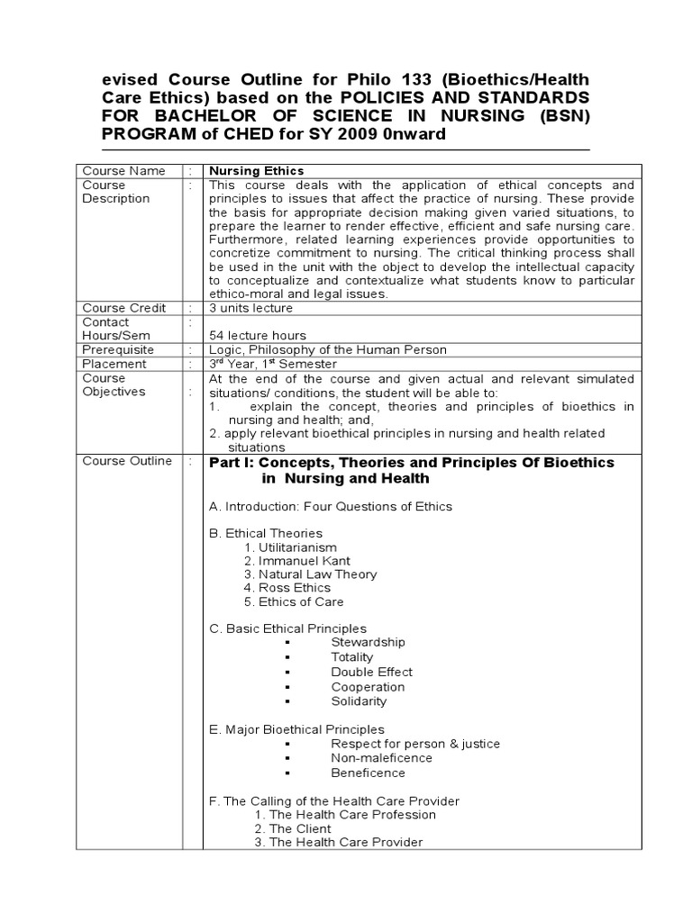 Revised Nursing Ethics Course Outline Based on CHED Standards | PDF ...