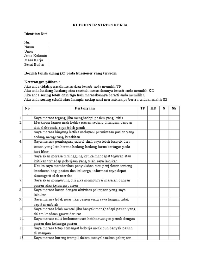 Kuesioner Stress Dan Beban Kerja Perawat Igd | PDF