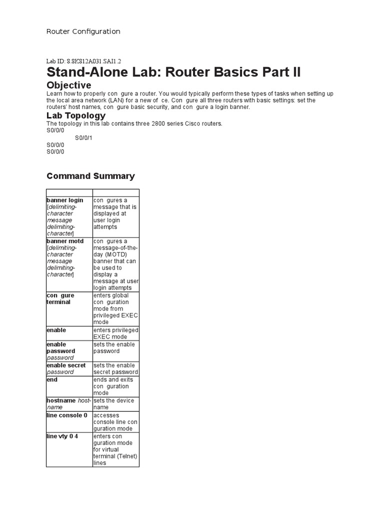 Stand-Alone Lab: Router Basics Part II: Objective | PDF | Password ...