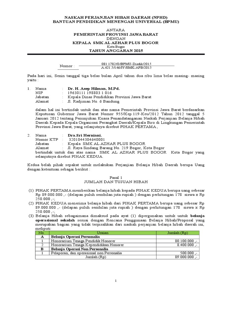 Contoh NPHD BPMU SM 2 THP 2015 | PDF