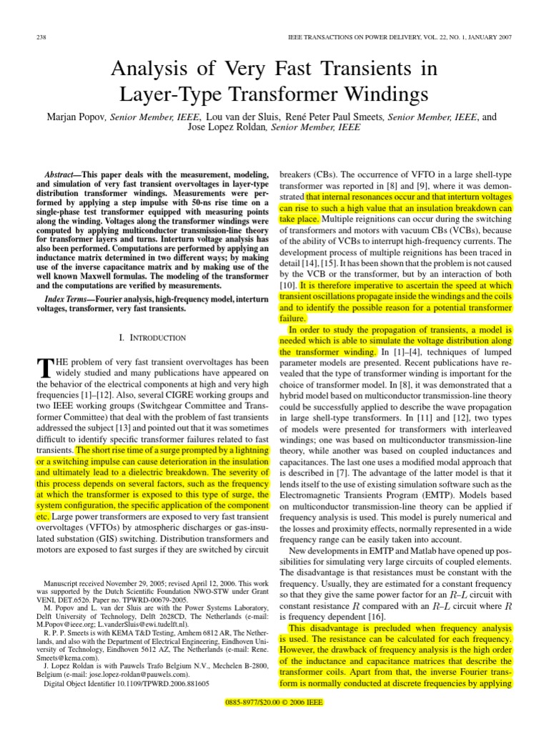 Analysis Of Very Fast Transients In Layer Type Transformer Windings Pdf Capacitor Transformer 