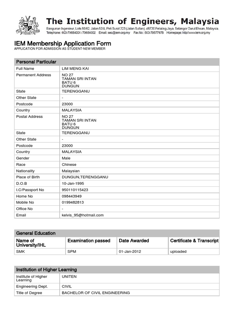 IEM Student Membership Application Form | PDF | Business