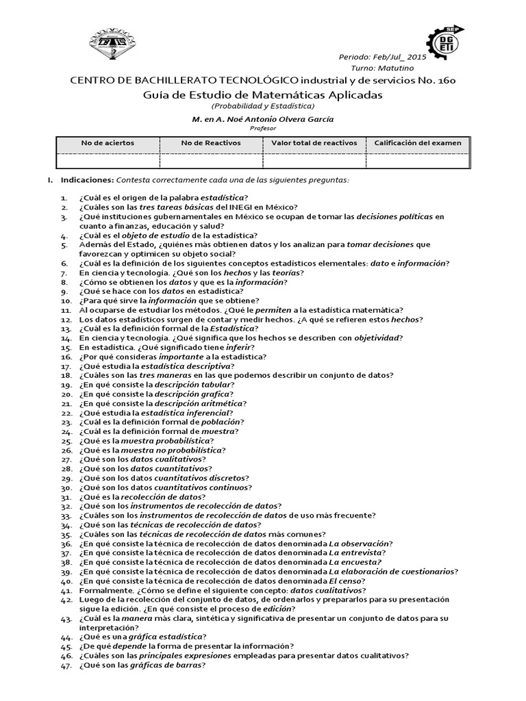 Guia Matematicas Aplicadas (Prob y Estad) | PDF | Dispersión estadística | Estadísticas