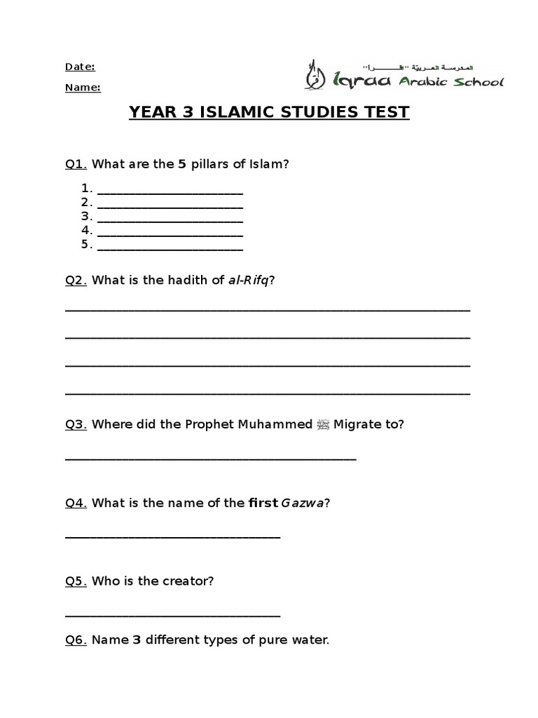 Year 3 Islamic Studies Test: Date: Name | PDF