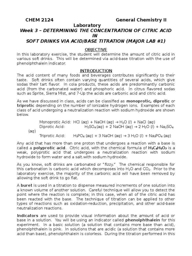 Lab 3 - Titration of Soda - Citric Acid | PDF | Molar Concentration | Acid