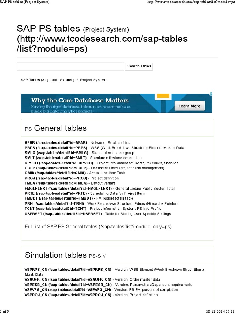 SAP PS Tables (Project System) | Download Free PDF | Information ...