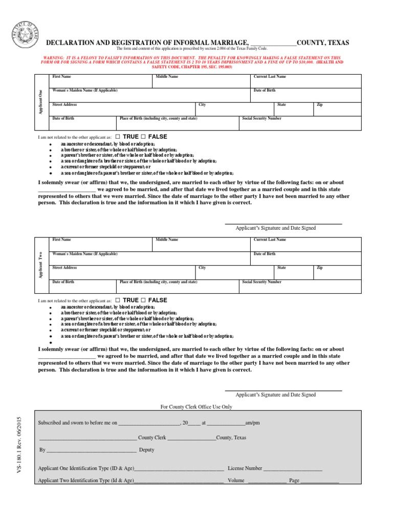 Texas Informal Marriage Declaration Form | PDF | Stepfamily | Kinship ...