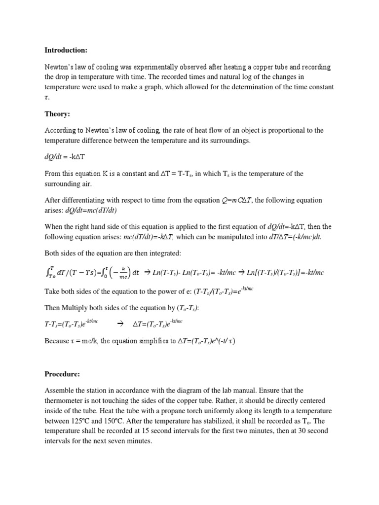 Lab 3 - Newton's Law of Cooling | PDF | Temperature | Thermometer