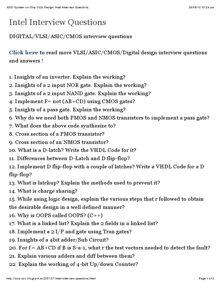 Asic System On Chip Vlsi Design Intel Interview Questions Pdf Cmos Vhdl 
