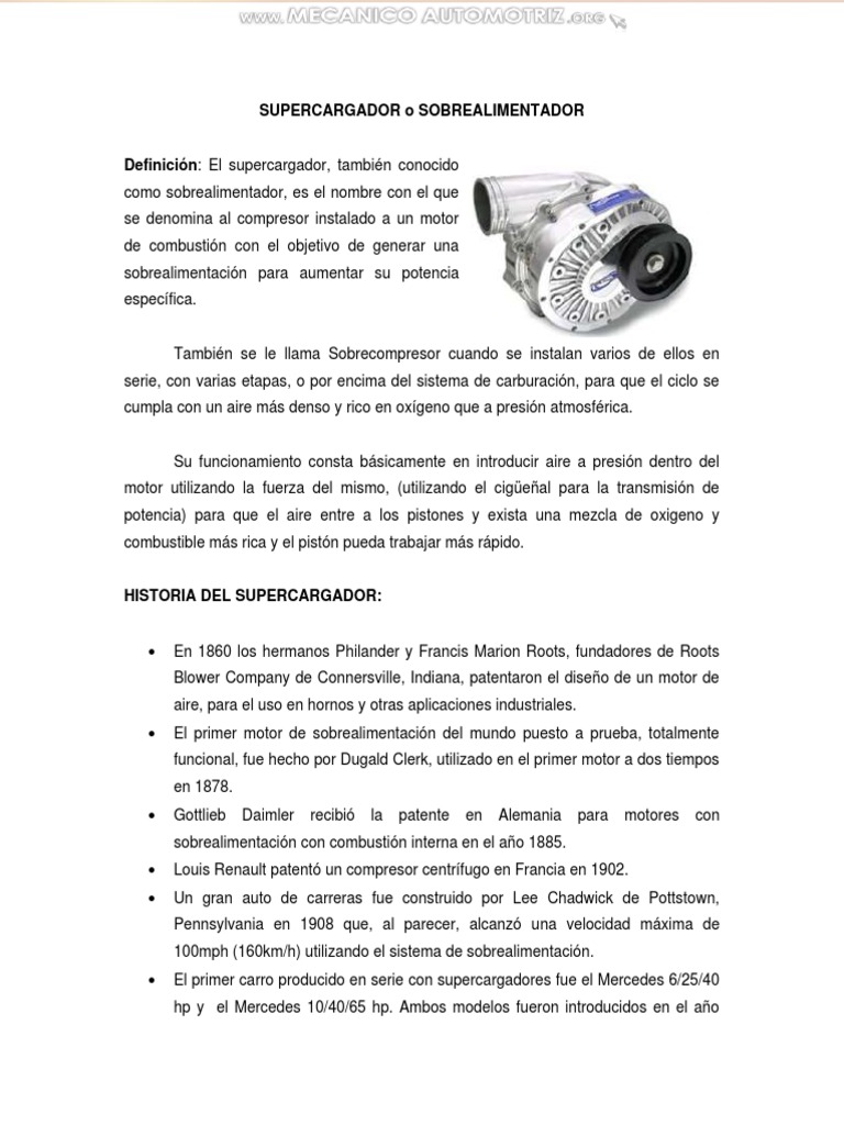 Tipos y Funcionamiento del Supercargador | PDF | Turbocompresor | Motor ...