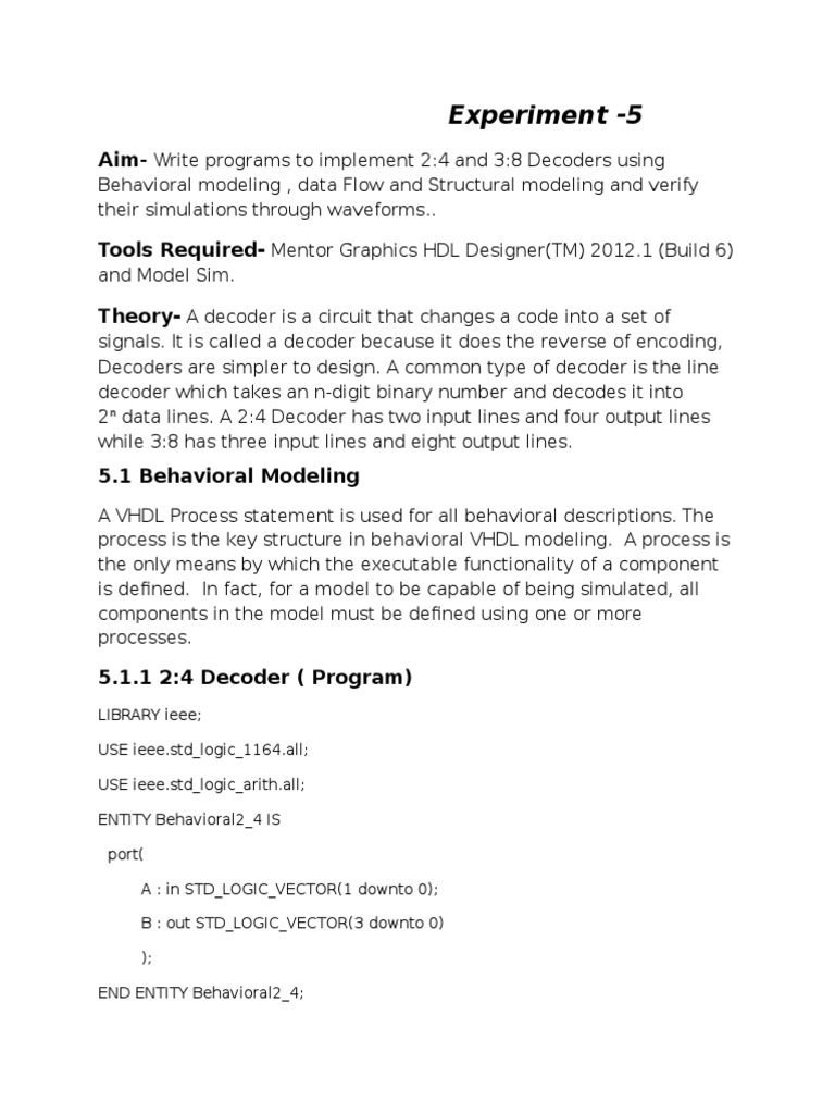 Experiment - 5: - Write Programs To Implement 2:4 and 3:8 Decoders Using | PDF | Vhdl | Computer ...