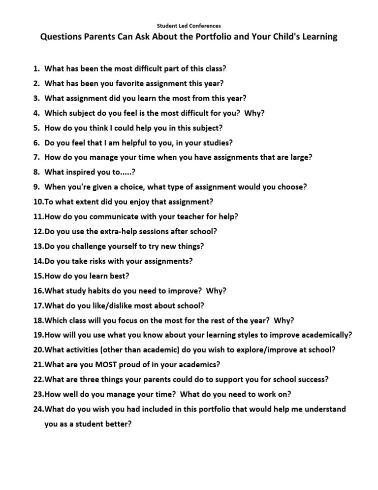 Parent Questions for Student-Led Conferences